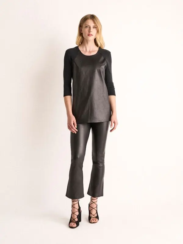 PAULA Leather Bib Silk Blouse - Black