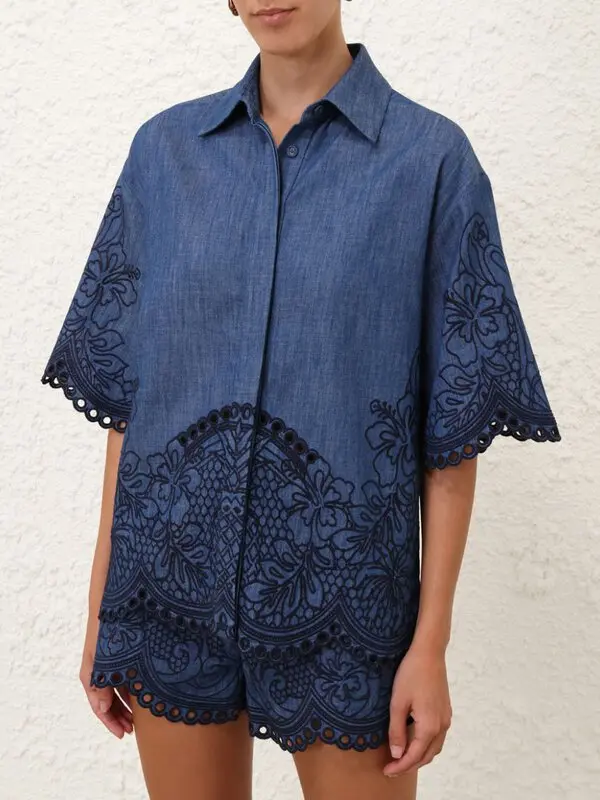 Zimmermann Embroidered Denim Shirt - Blue