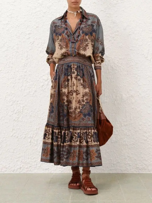 Zimmermann Ascension Indienne Floral Silk Midi Skirt - Blue