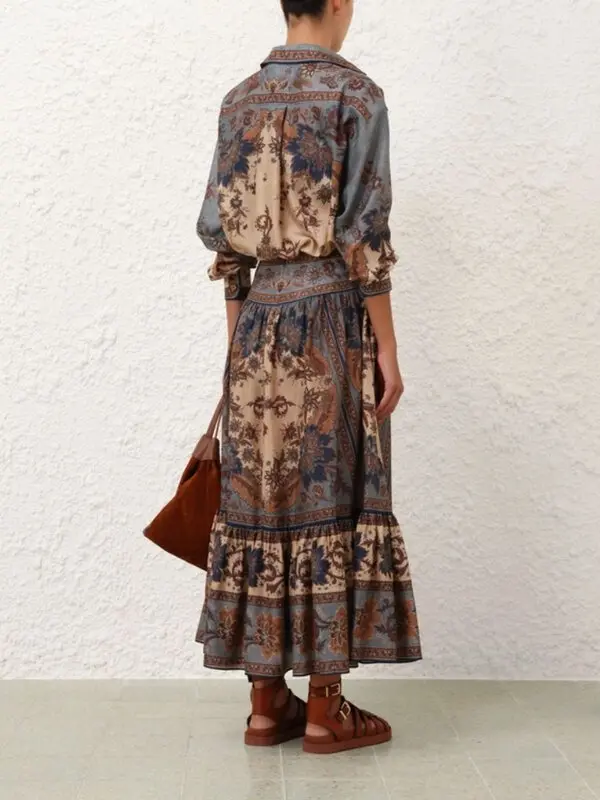 Zimmermann Ascension Indienne Floral Silk Midi Skirt - Blue
