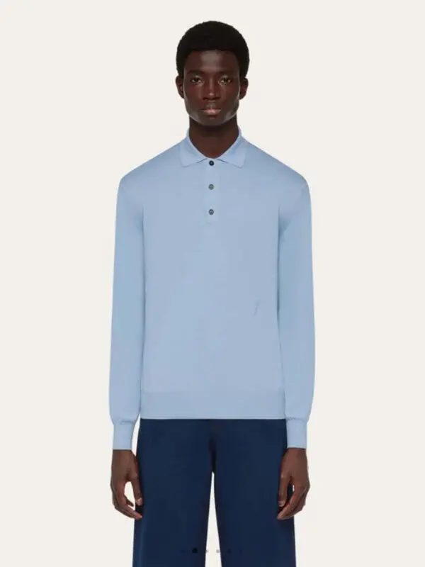 FERRAGAMO Long-sleeved Silk Blend Polo - Blue