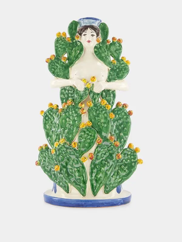 LES-OTTOMANS Cactus Lady Ceramic Candle Holder - Green