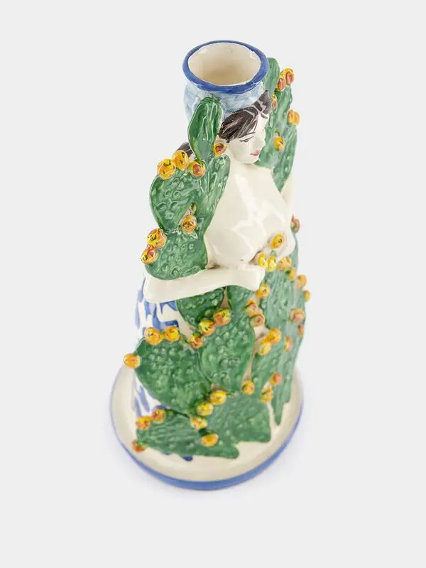 LES-OTTOMANS Cactus Lady Ceramic Candle Holder - Green