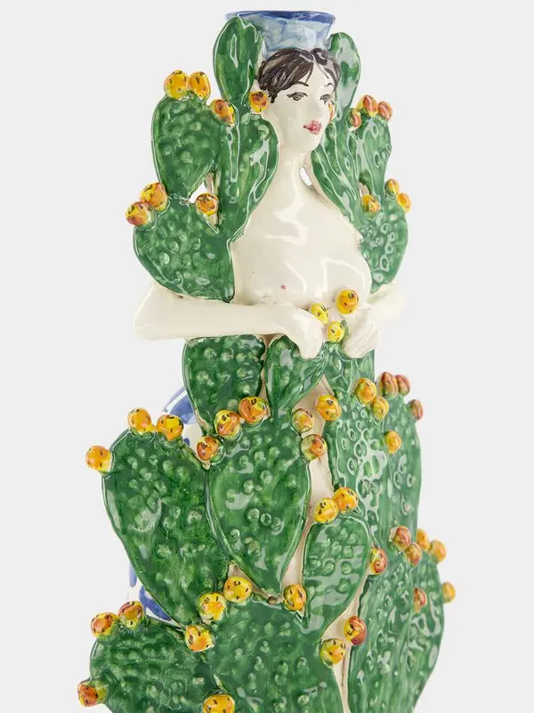 LES-OTTOMANS Cactus Lady Ceramic Candle Holder - Green