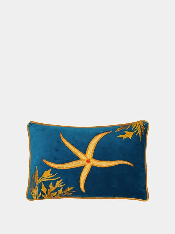 LES-OTTOMANS Embroidered Starfish Cushion - Blue