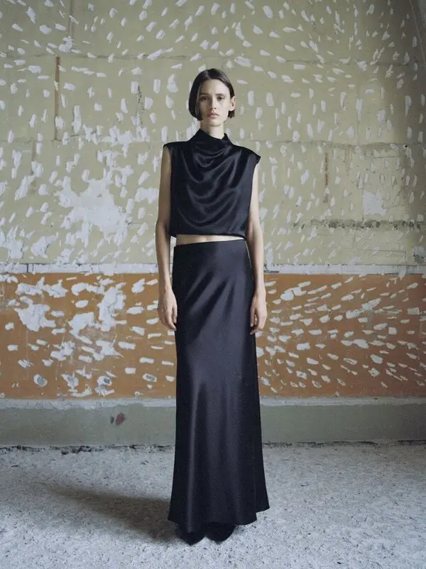 Saint Laurent Silk Satin Long Skirt - Black