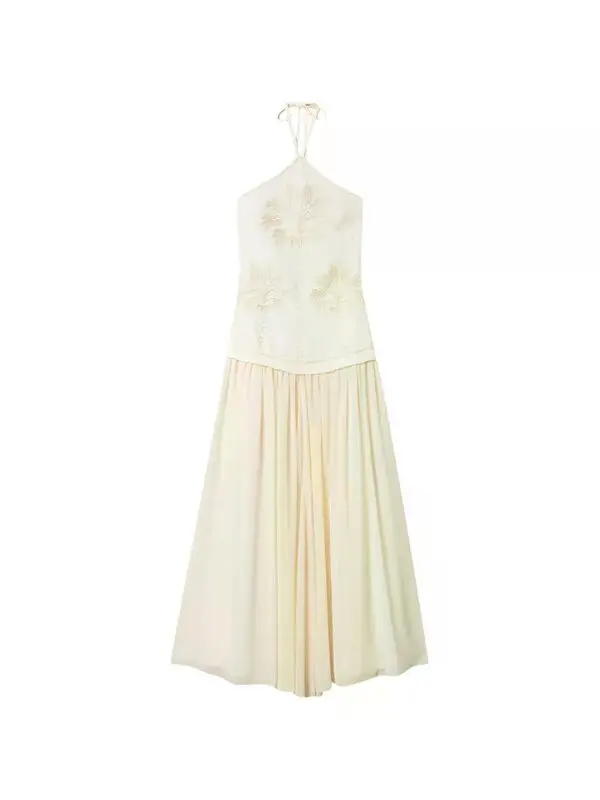 TWINSET Halterneck Embroidered Linen Blend And Georgette Maxi Dress - Neutrals