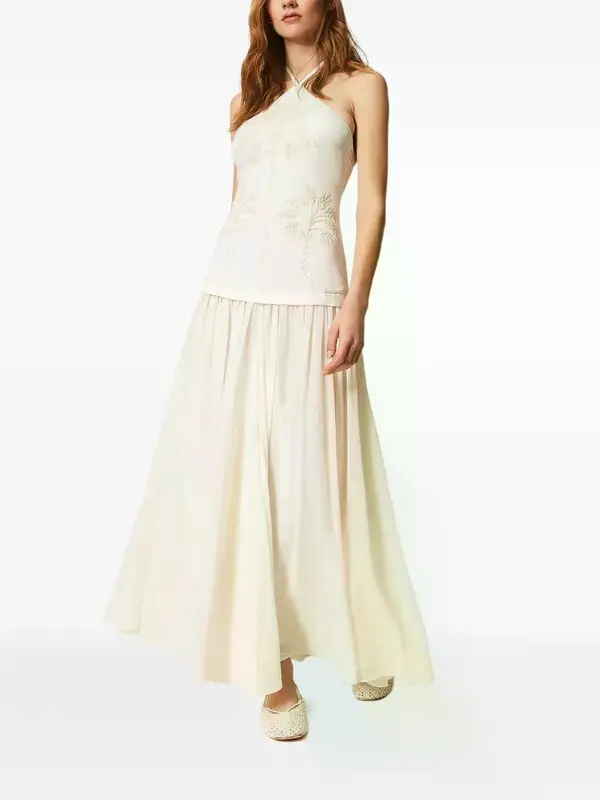 TWINSET Halterneck Embroidered Linen Blend And Georgette Maxi Dress - Neutrals