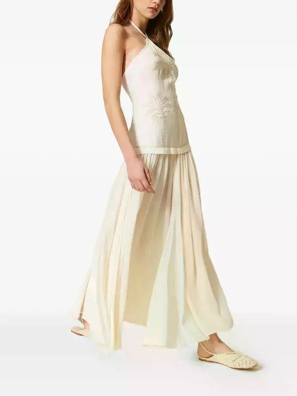 TWINSET Halterneck Embroidered Linen Blend And Georgette Maxi Dress - Neutrals
