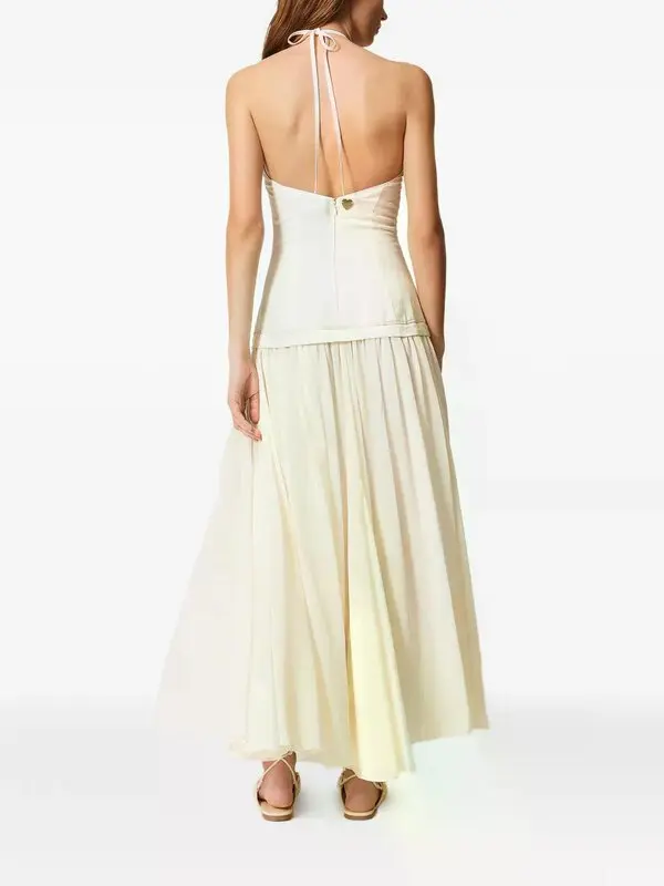 TWINSET Halterneck Embroidered Linen Blend And Georgette Maxi Dress - Neutrals