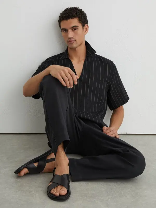 REISS Quest Linen Pinstripe Open-collar Shirt - Black