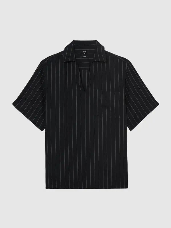 REISS Quest Linen Pinstripe Open-collar Shirt - Black