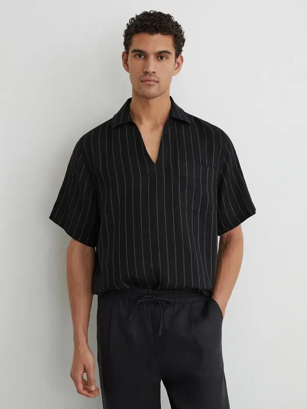 REISS Quest Linen Pinstripe Open-collar Shirt - Black