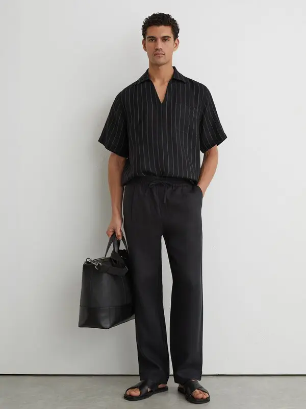 REISS Quest Linen Pinstripe Open-collar Shirt - Black