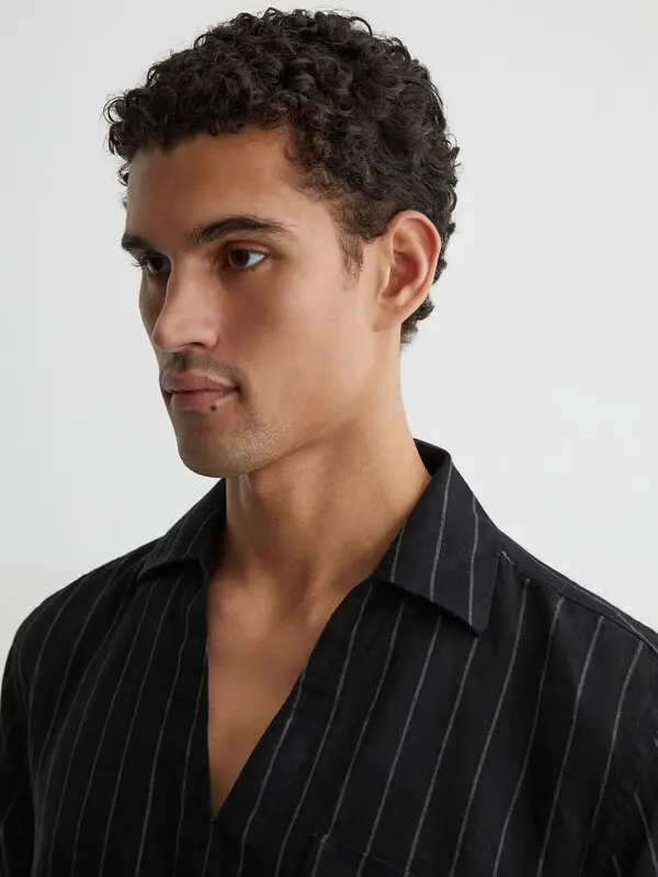 REISS Quest Linen Pinstripe Open-collar Shirt - Black