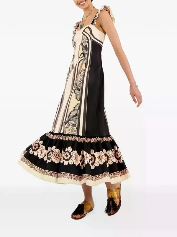 La DoubleJ Floral Ruffled Midi Dress - Black
