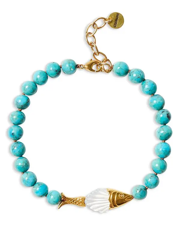 Chan Luu Mother Of Pearl Fish Charm Beaded Anklet - Turquoise