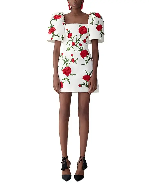 Carolina Herrera Embroidered Square Neck Mini Dress - Ivory Multi