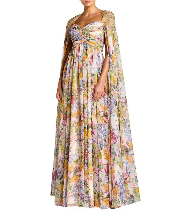 Mac Duggal Printed Chiffon Gown With Beaded Cape Sleeves - Pastel Multi