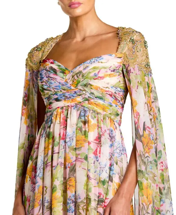 Mac Duggal Printed Chiffon Gown With Beaded Cape Sleeves