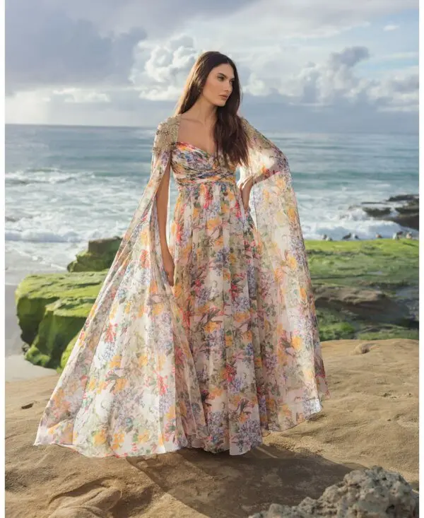 Mac Duggal Printed Chiffon Gown With Beaded Cape Sleeves