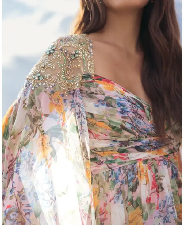 Mac Duggal Printed Chiffon Gown With Beaded Cape Sleeves