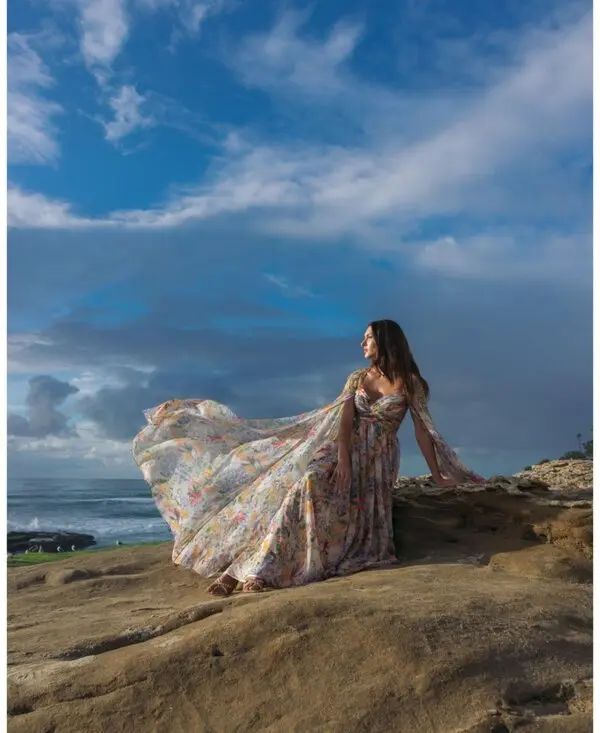 Mac Duggal Printed Chiffon Gown With Beaded Cape Sleeves