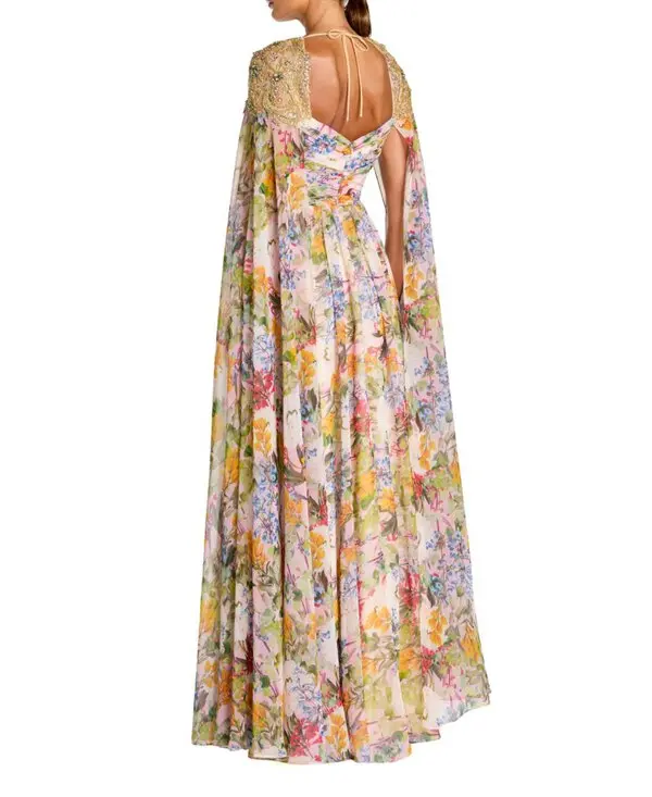 Mac Duggal Printed Chiffon Gown With Beaded Cape Sleeves