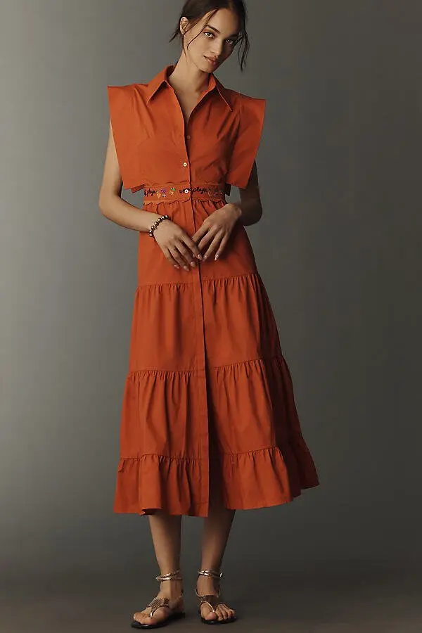 Celiab Lucero Tiered Sleeveless Midi Dress - Orange