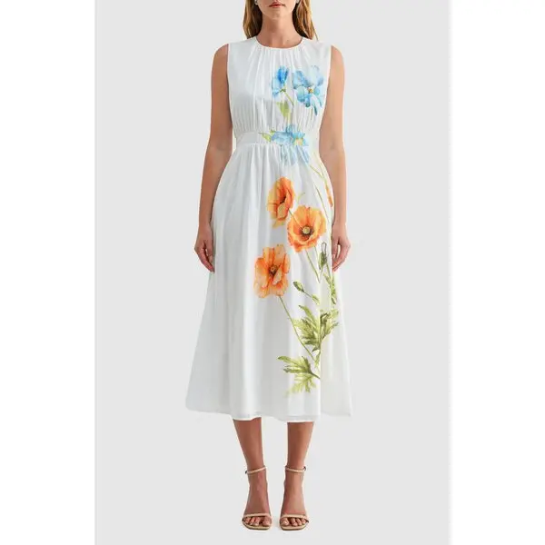 QUINCY MAE Floral Print Cinched Waist Sleeveless Midi Dress - White Floral