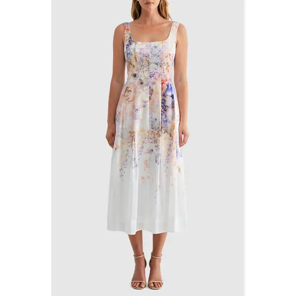 QUINCY MAE Print Pleated Sleeveless Maxi Dress - White Floral