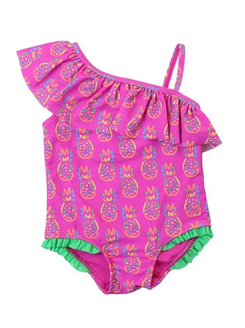 RUFFLEBUTTS Upf50 One-shoulder Ruffle One-piece - Neon Violet Pineapples