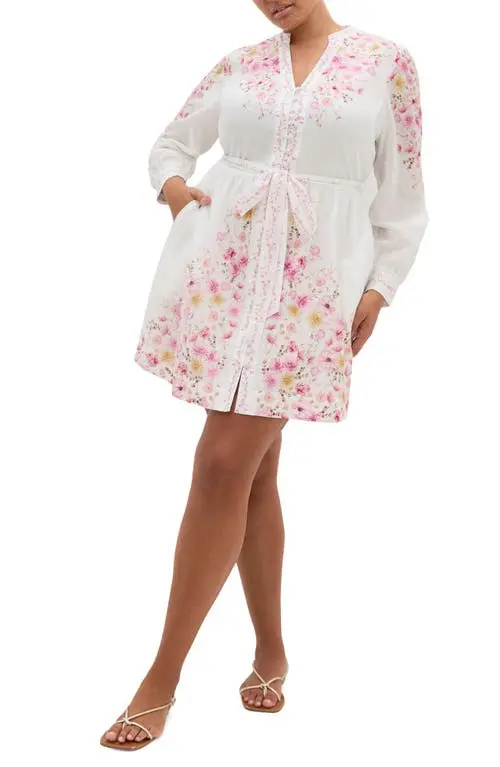 City Chic Elia Placed Floral Long Sleeve Cotton Dress - Ivory Patrice