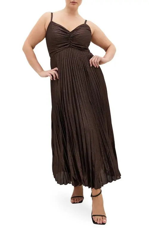 City Chic Ariana Pleated Metallic Dress - Bronze Sparkle