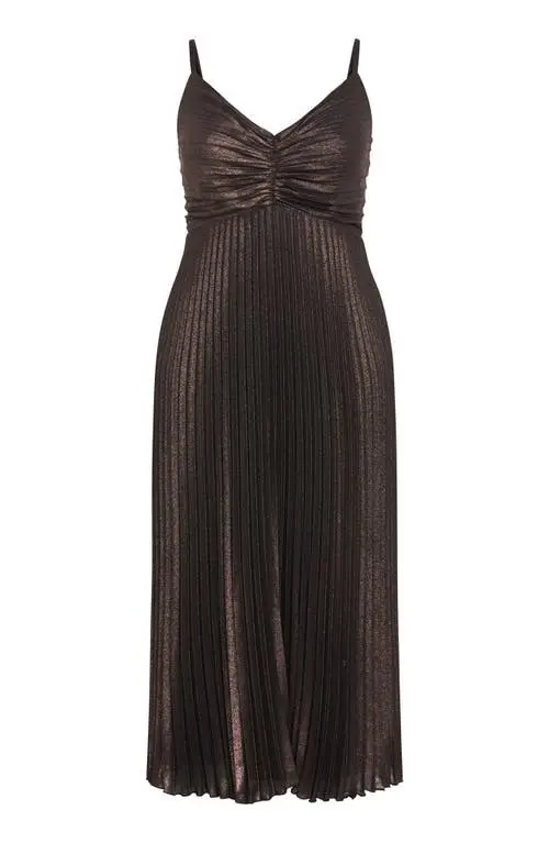 City Chic Ariana Pleated Metallic Dress - Bronze Sparkle