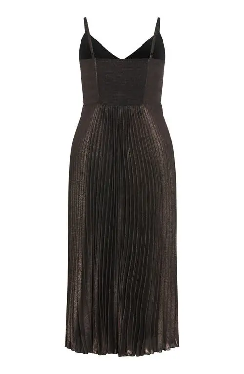 City Chic Ariana Pleated Metallic Dress - Bronze Sparkle