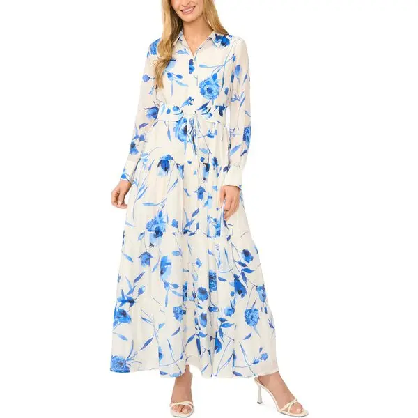 Halogen Floral Long Sleeve Tiered Shirtdress - Dazzling Blue