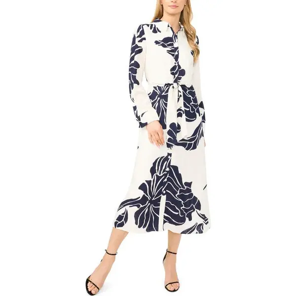 Halogen Long Sleeve Tie Waist Maxi Shirtdress - Classic Navy