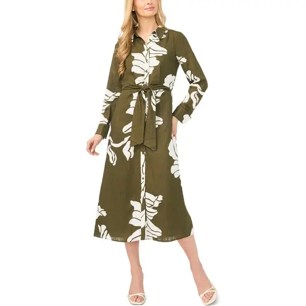 Halogen Long Sleeve Tie Waist Maxi Shirtdress - Olive Night