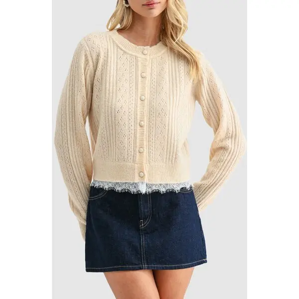 ALL IN FAVOR Lace Trim Pointelle Cardigan - Butter