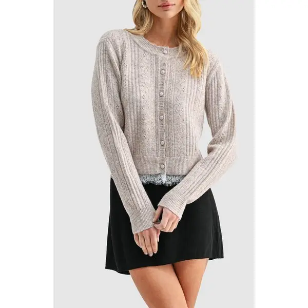 ALL IN FAVOR Lace Trim Pointelle Cardigan - Taupe