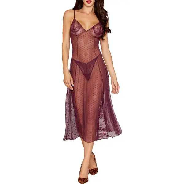 DREAMGIRL Swiss Dot Lace And Mesh Chemise With G-string Set - Burgundy