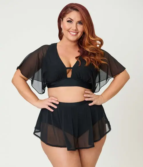 Unique Vintage Flutter Sleeve Swim Top - Solid Black