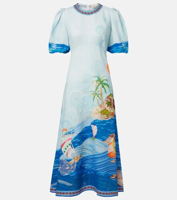 ALEMAIS Printed Linen Midi Dress - Blue