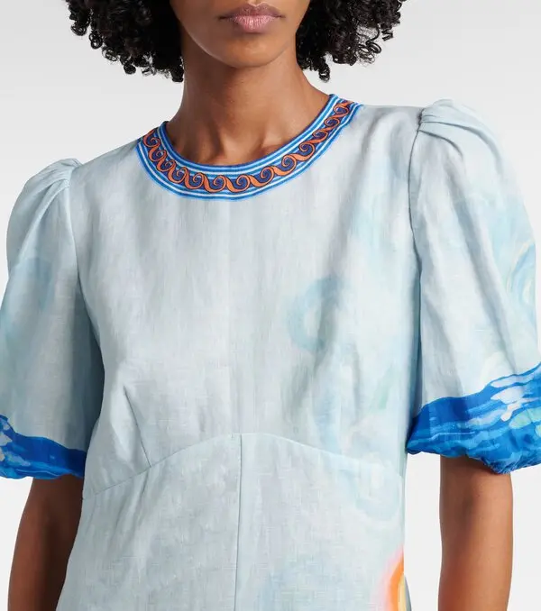 ALEMAIS Printed Linen Midi Dress - Blue