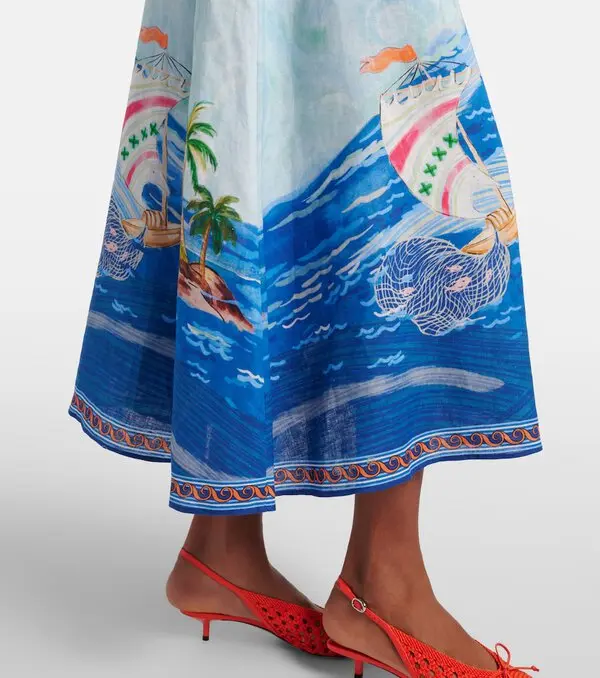 ALEMAIS Printed Linen Midi Dress - Blue