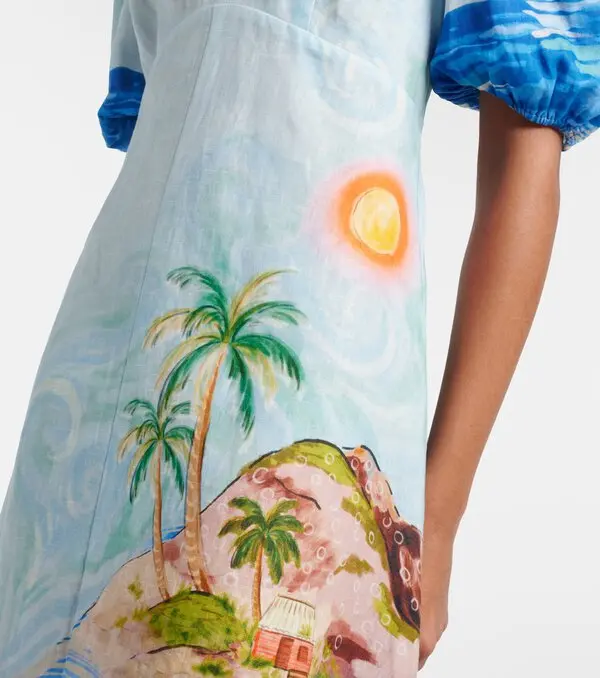 ALEMAIS Printed Linen Midi Dress - Blue