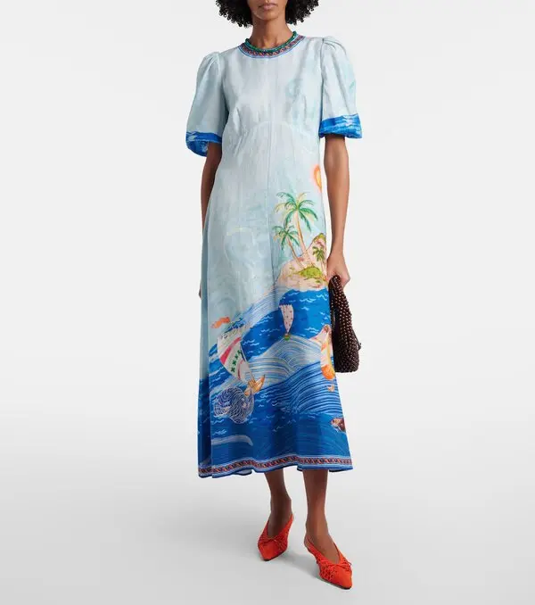 ALEMAIS Printed Linen Midi Dress - Blue