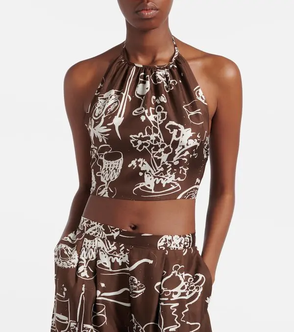 Asceno Bello Printed Halterneck Silk Crop Top