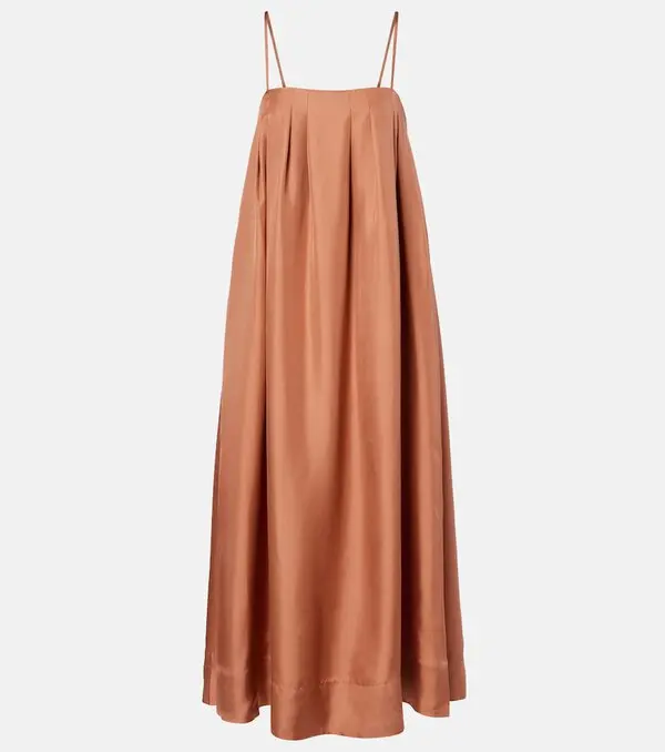 Asceno Heather Pleated Silk Twill Maxi Dress - Brown